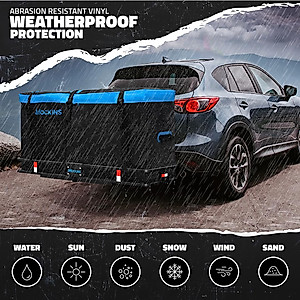 Mockins 25 Cu.Ft. Large Trailer Hitch Cargo Carrier Bag | 60"x24"x31" Soft-Shell Vinyl Cargo Bag for Hitch Carrier | Weatherproof Car Storage Bag | Waterproof Truck Bed Storage Set w/Accessories