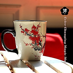 Asmwo Color Changing Heat Sensitive Magic Funny Art Mug Large Coffee Tea Plum Blossom Porcelain Mugs for Women Mom grandma Gifts 16oz Black Change Glow Red Cups