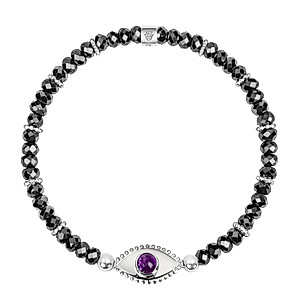 KARMA AND LUCK - Inner Transformation - Women's Grounding Real Hematite & Calming Amethyst Beads 925 Sterling Silver Protection Evil Eye Charm Stretch Bali Bracelet