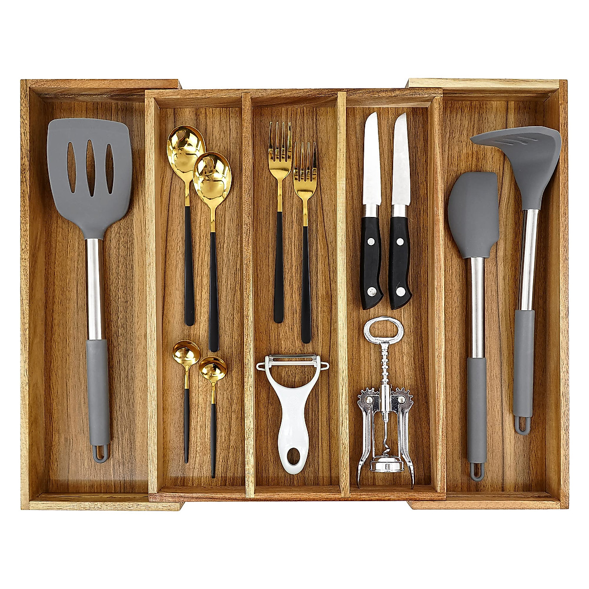 EcoFives Acacia Kitchen Drawer Organizer Expandable 8 Slots + Acacia Silverware Organizer Adjustable 5 Slots