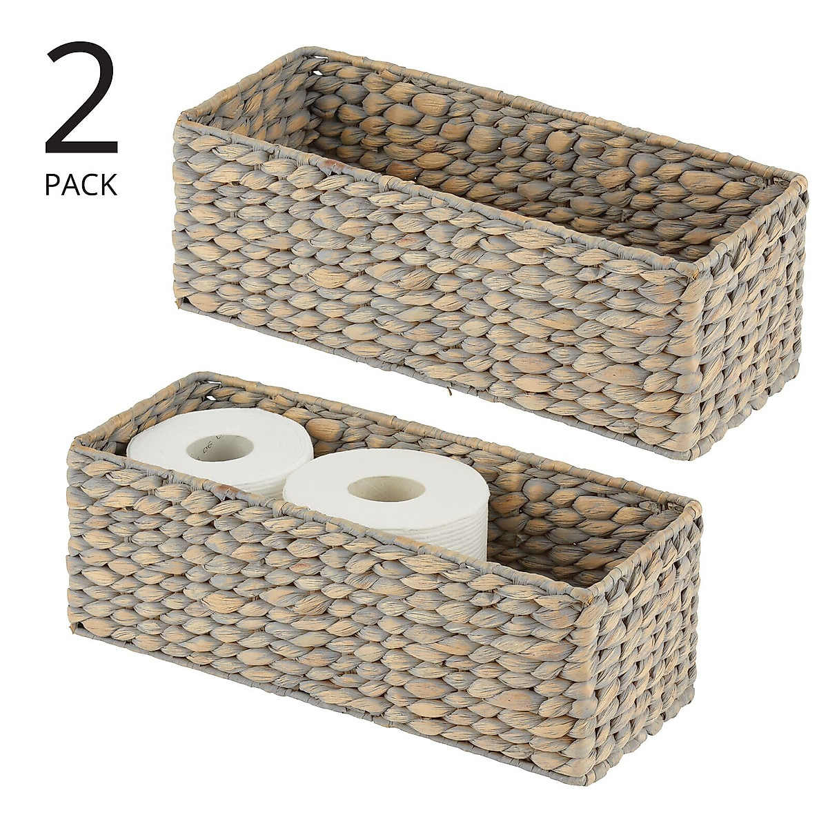 mDesign Woven Hyacinth Narrow Bathroom Toilet Roll Holder Storage Organizer Basket Bin - Rectangle Containers for Bathroom, Toilet Tank - Hold 3 Rolls of Toilet Paper - 2 Pack - Gray