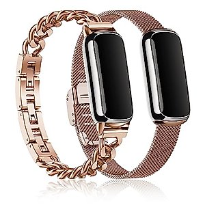Farluya 2 Pack Compatible with Fitbit Luxe Bands,Slim Metal Band Stainless Steel Adjustable Straps Replacement Bands for Fitbit Luxe Smart Watch for Women Men,Rose Gold
