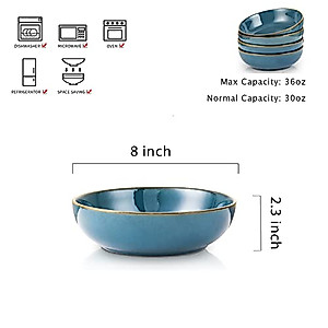 Selamica Ceramic 30 Ounce Large Pasta Bowls 8 inch Serving Bowls, Wide and Shallow Porcelain Bowls, Microwave Dishwasher Safe, Set of 4, Ceylon Blue(Glod rim)