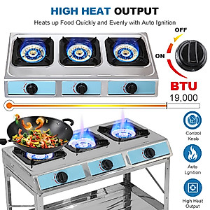 Propane Gas Stove 3 Burner Gas Stove with Removable Leg Stand Portable Gas Stove Auto Ignition Camping three Burner LPG for RV, Apartment, Outdoor