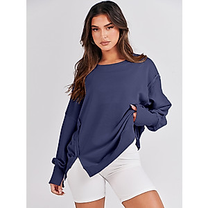 ANRABESS Women's Oversized Sweatshirts Crew Neck Long Sleeve Shirts Casual Loose Slit 2025 Fall Clothes Navy Blue S