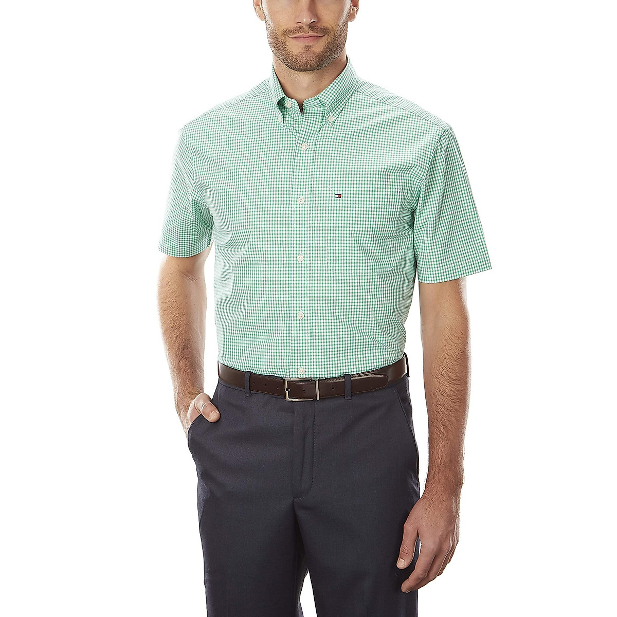 Tommy Hilfiger Men's Short Sleeve Button-Down Shirt, Cactus, 16.5" Neck