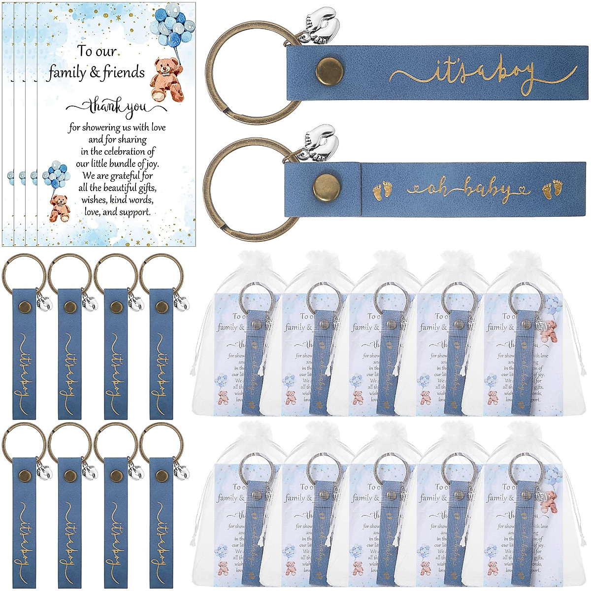 Ecally 50 Sets Baby Shower Favors for Guests PU Leather Keychain Bear Thank You Cards Organza Bags Gender Reveal Gifts (Blue, Boy Style)
