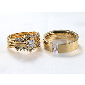 ringheart 2 Rings Couple Rings Three stone Yellow Gold Plated Cz Womens 3pcs Wedding Ring Sets Titanium Steel Men Wedding Bands