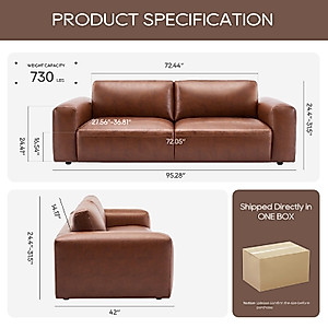 COLAMY 95" Oversized PU Leather Sofa, Comfy Sofa Couch with Extra Deep Seats, Wide Arm, Down Filled 3-Seater Modern Sofa for Living Room, Apartment Lounge-Auburn
