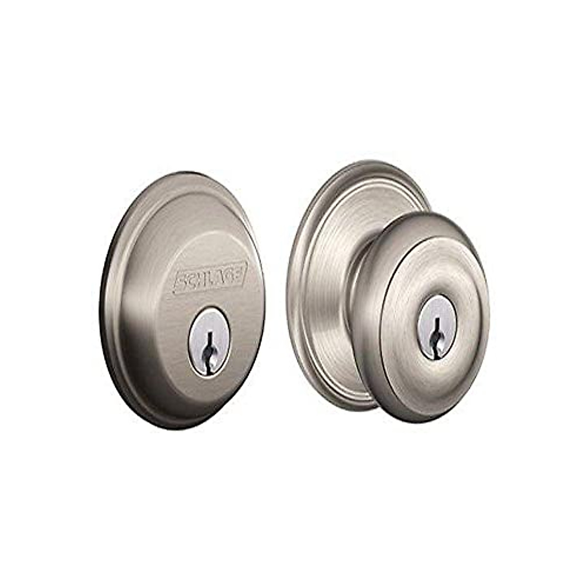 SCHLAGE Satin Nickel FB50N V GEO 619 B60 Single Cylinder Deadbolt and F51 Entry Georgian Knob Keyed Alike, Finish, Security Set