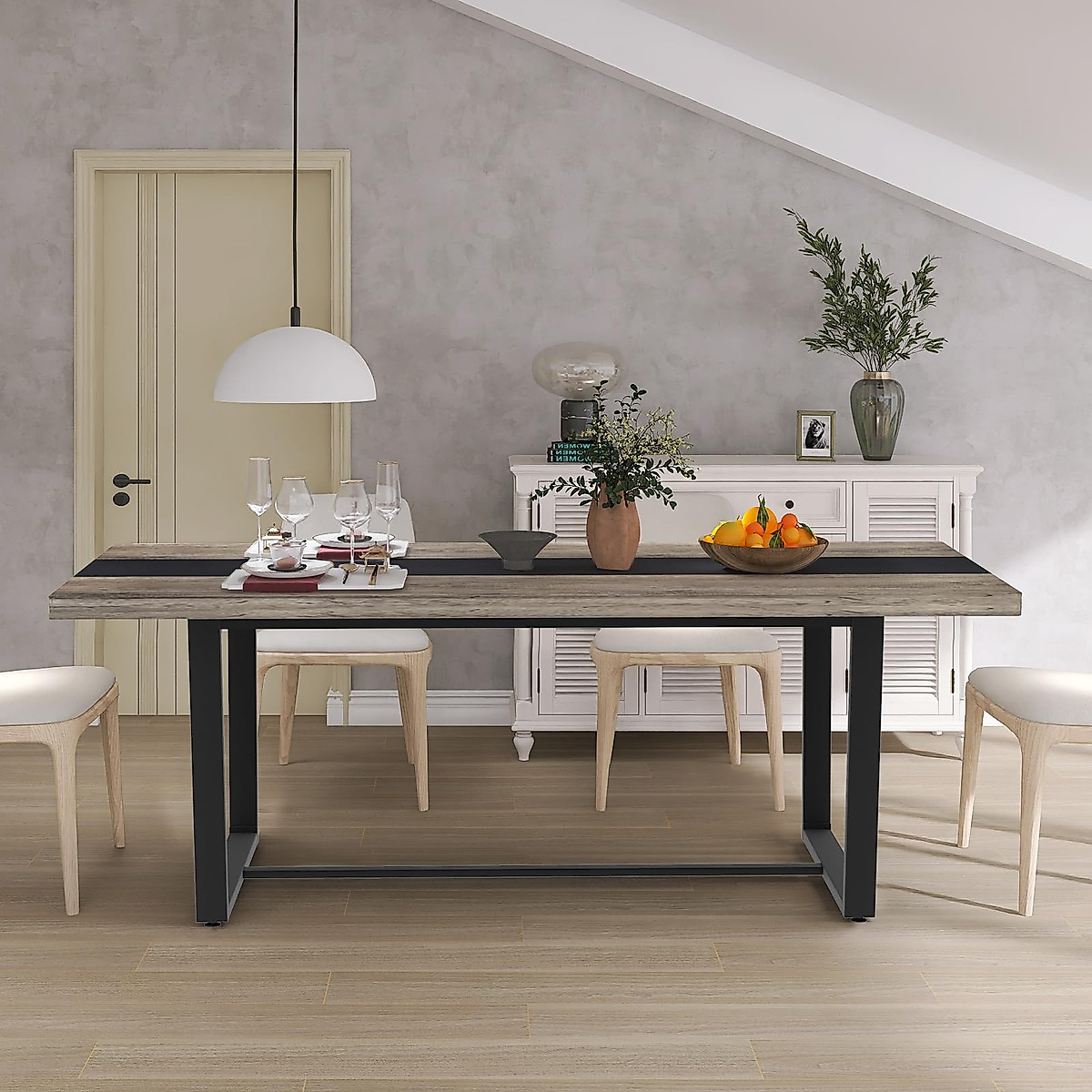 STHOUYN 71" 6ft Large Dinner Table for 6 8 Seat Dining Room Table, Rectangular Farmhouse Modern Kitchen Long Black & Grey Industrial Conference (Grey)