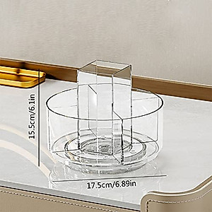 LINFIDITE 360 Rotating Makeup Organizer Spinning Cosmetic Display Cases with 5 Compartment Acrylic Clear Round Turntable Storage Tray Bathroom Counter Organizer Makeup Brush Lip Gloss Organizer Case
