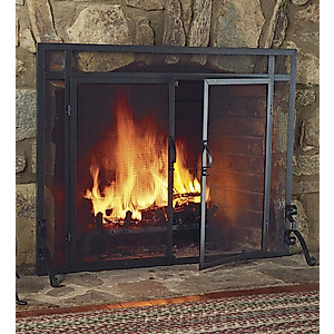 Plow & Hearth Metal Fireplace Screen Flatguard Black | 44" W x 33" H | 2 - Door | Spark Guard Indoor Grate | Iron Fire Place Cover | Wood Burning Stove Decorative Accessories
