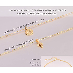 Dainty Tiny 18K Gold St Benedict Medals Layered Cross Necklace for Women Delicate Simple Cute Coin Pendant Statement Double Layering Chain Necklaces Evil Protection Religious Jewelry Catholic Gifts