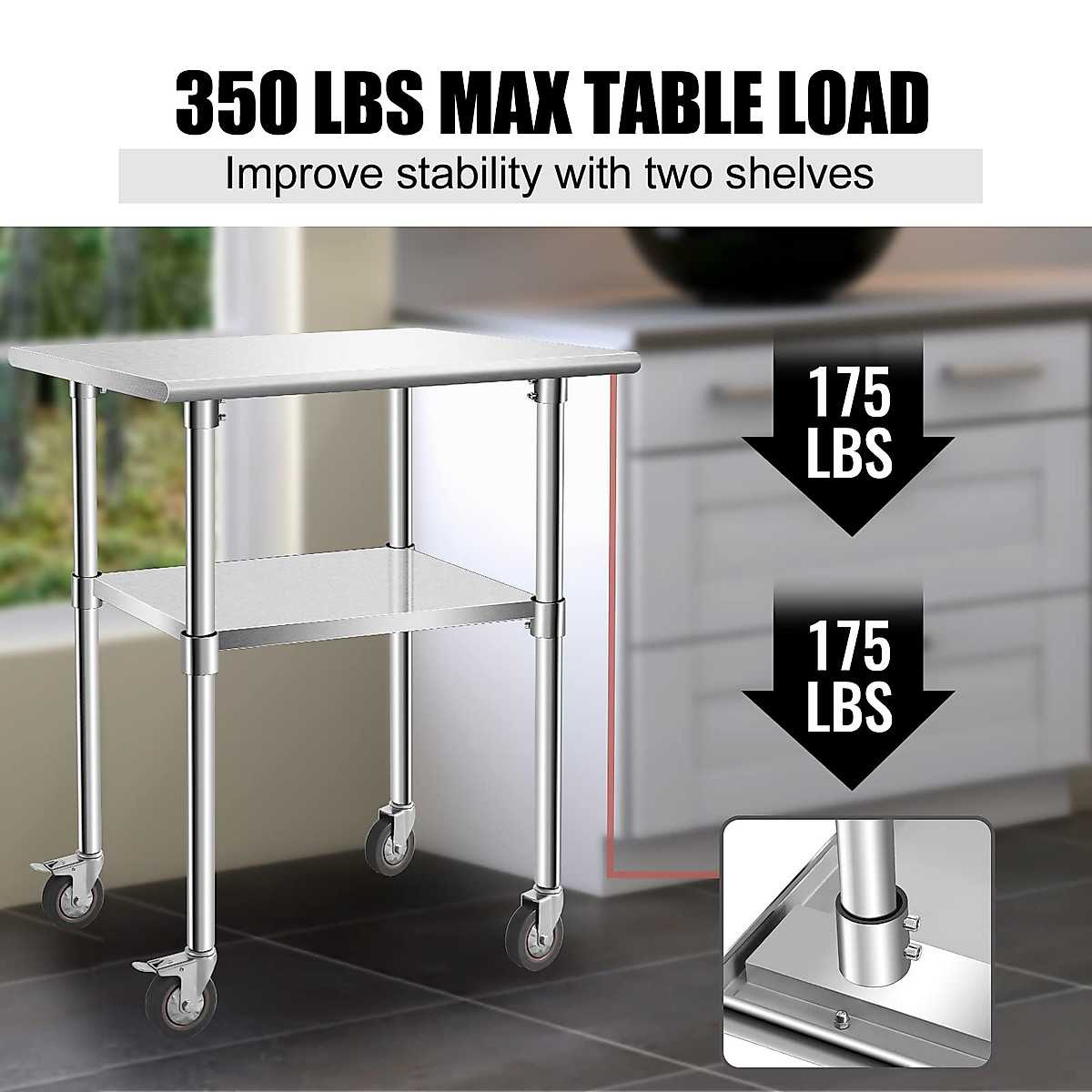 KODOM Food Prep Stainless Steel Table 36" x 30", Heavy Duty Workbench with Adjustable Under Shelf, Commercial Worktable with 4 Casters for Commerical Kitchen, Restaurant, Home and Hotel