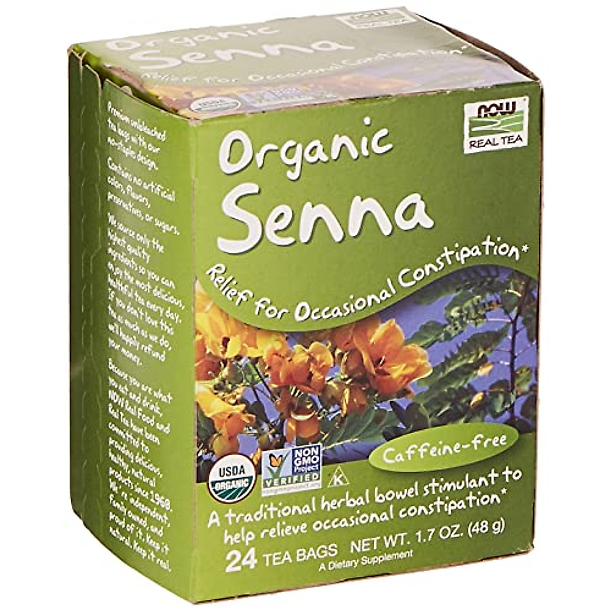 NOW Foods, Certified Organic Senna Tea, Caffeine Free, Relieving, Non-GMO, Premium Unbleached Tea Bags with No-Staples Design, 24-Count (Pack of 2)