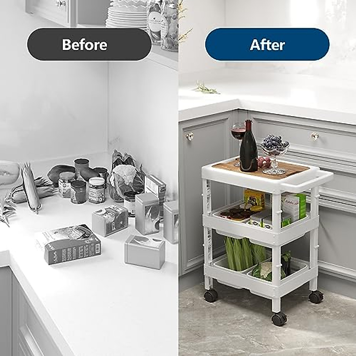 KLONVS 3-Tier Plastic Rolling Utility Cart with Handle, Multi-Functional Storage Trolley for Office, Living Room, Kitchen, Movable Storage Organizer with Wheels, White