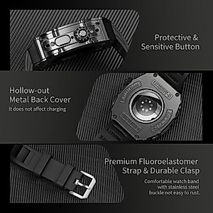 Luxury Case for Apple Watch FKM Band 49mm, Rugged Bumper Metal Cover + Built-in Glass + Fluoroelastomer Strap for Men's Heavy Duty iWatch Series Ultra 2 49mm Protective Case (49mm, Black)