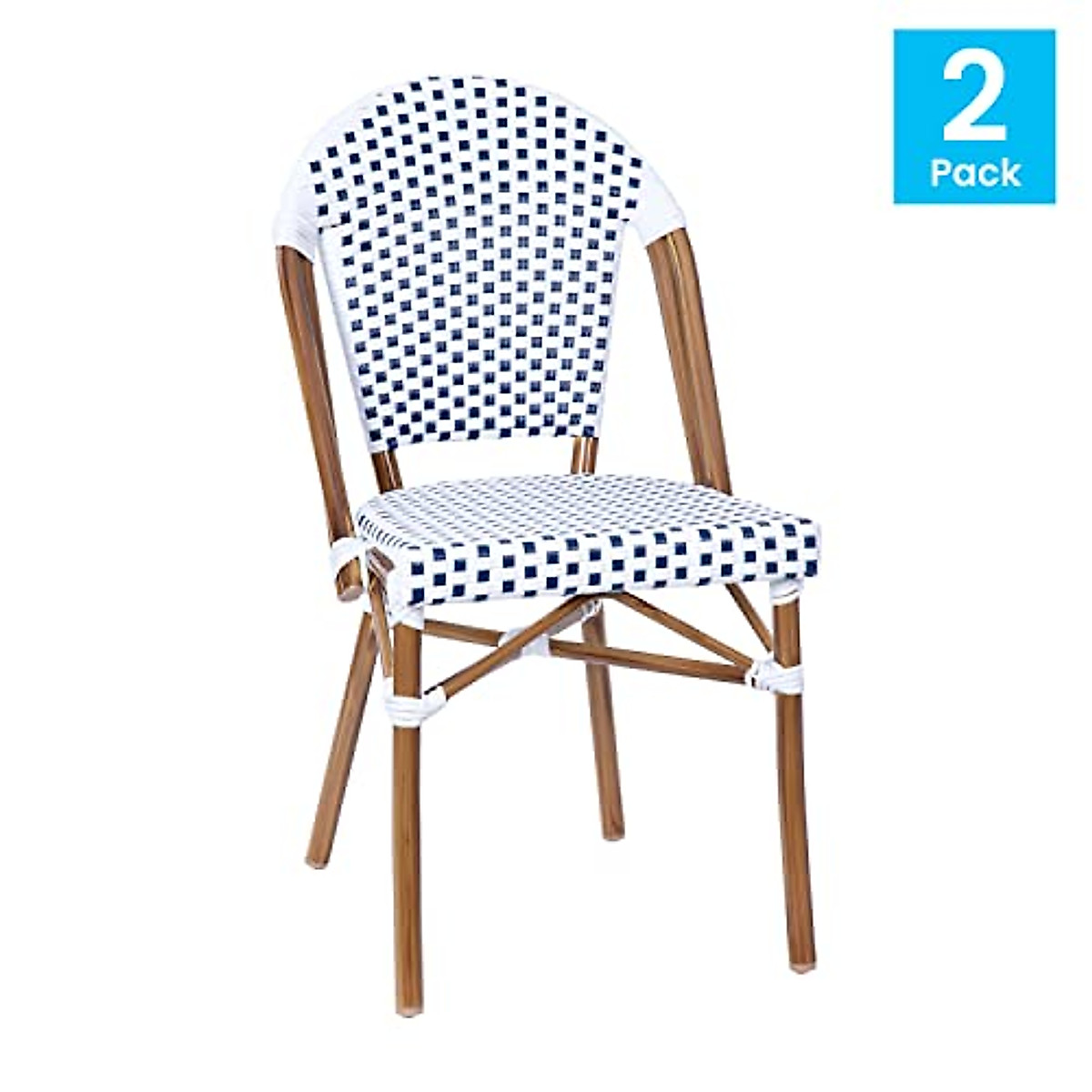 Flash Furniture Lourdes Set of 2 Indoor/Outdoor Commercial Bistro Stack Chairs - White/Gray PE Rattan Back and Seat - Natural Bamboo Print Aluminum Frame