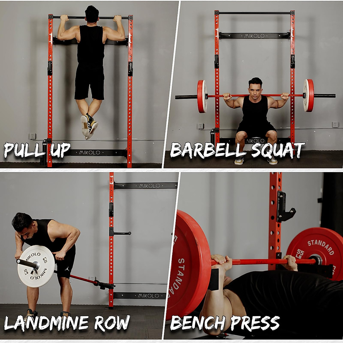 Mikolo Wall Mounted Squat Rack, Folding Power Rack with Lat Pulldown & Cable Crossover System, Power Cage with Pulley System and Training Attachments for Home Gym, Weight Capacity 1450LBS(Red)