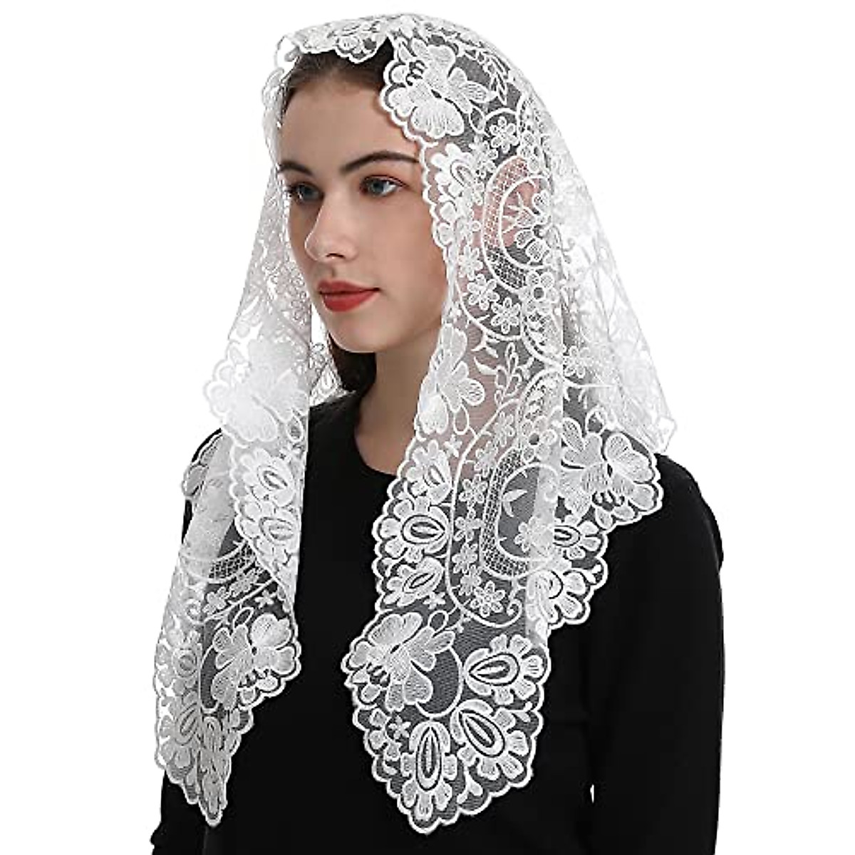 Bozidol Triangle Catholic Church Mantilla Veils for Religious Christian Floral Lace Scarf Shawl Veil with Hairclips (White)