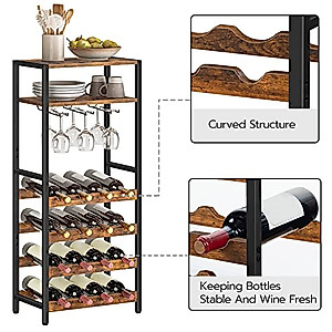 HOOBRO Freestanding Wine Rack, 16-Bottle Wine Storage Rack with Tabletop and Glass Holder, 6-Tier Bar Rack, for Kitchen, Bar, Dining Room, Rustic Brown BF04JJ01