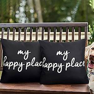 Black and White Outdoor Pillows 18x18 Inch Decorative Waterproof Throw Pillow Covers with My Happy Place for Patio Furniture Couch Tent Park Set of 2,Black