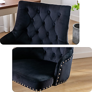 Freemax Velvet Desk Chair Tufted Office Chair with Wheels Accent Vanity Chair Fabric Task Swivel Armchair for Bedroom Living Room Black