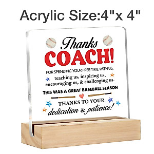 Thank You Gifts for Baseball Coach Clear Desk Decorative Sign Grateful Baseball Coach Appreciation Gift Acrylic Sign with Stand Table Plaque Sign Keepsake Office Decor