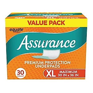 Equate Assurance Unisex Premium Quilted Underpad - Incontinence Pads - Absorbent Protective Bed Pads - Bed Covers for Kids, Adults, Elderly - Maximum Absorbency, XL, 30 Count