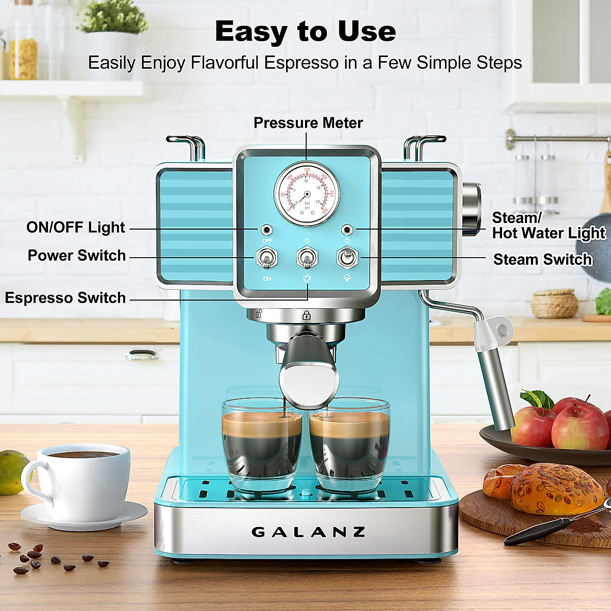 Galanz Retro Espresso Machine with Milk Frother, 15 Bar Pump Professional Cappuccino and Latte Machine, 1.5L Removable Water Tank, Retro Blue, 1350 W