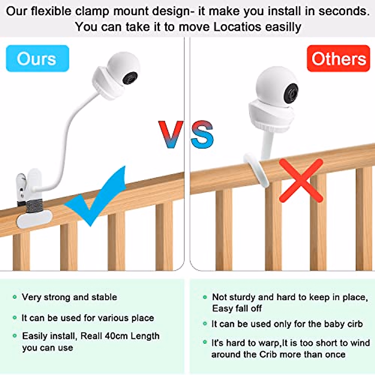 AOZTSUN Baby Monitor Mount Compatible with Babysense HD S2/ V43 Baby Monitor and Other Baby Monitor with 1/4 Threaded Hole 15.7 inches Flexible Clip Clamp Mount Long Gooseneck Arm