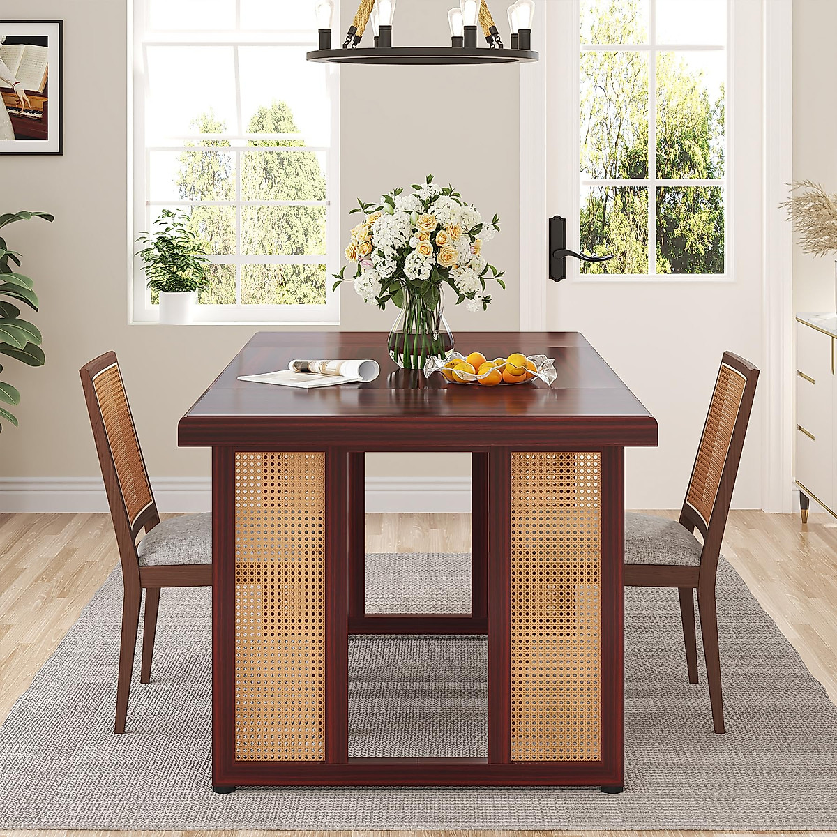 Tribesigns 70.87 Inch Dining Table for 6-8, Rectangular Kitchen Table, Rustic Dining Room Table with Rattan Frame, Large Dinner Table for Dining Room, Kitchen, Deep Walnut