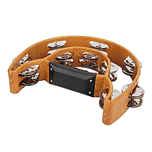 Handheld Tambourine Rattle Double Row Handbell Tambourine Plastic Metal Half Moon Handbell for Musical Education Imitation Wood Color