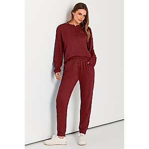 PRETTYGARDEN Women's 2 Piece Waffle Knit Lounge Outfit Long Sleeve Henley Top and Sweatpants Set Tracksuit (Wine Red,Medium)