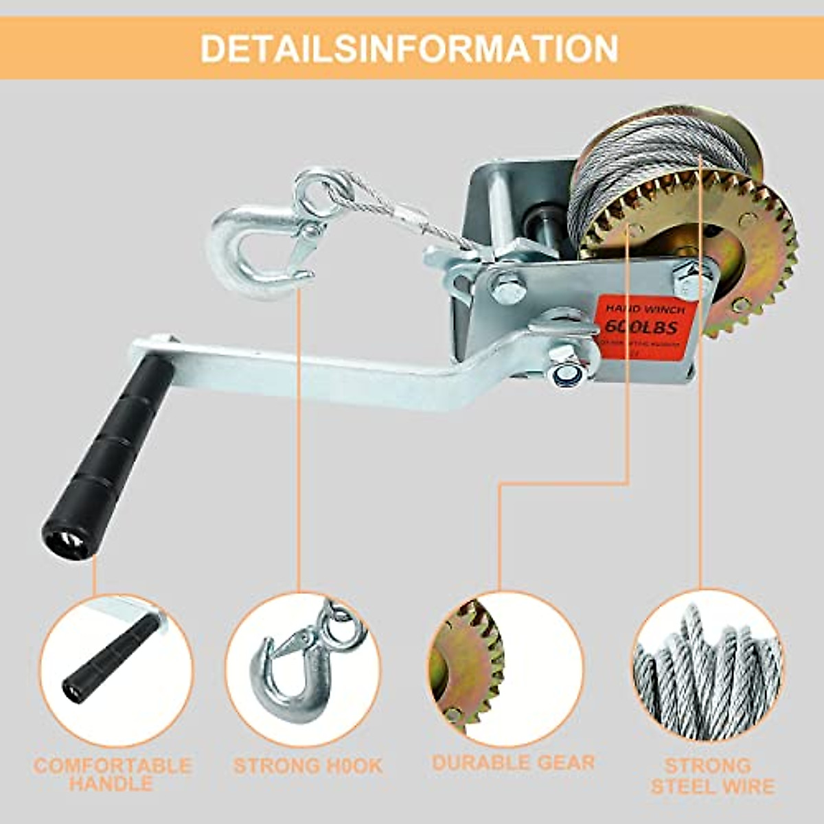 EASYBERG 600 lbs Hand Winch Heavy Duty Steel Cable Crank Gear Winch ATV Boat Trailer with 8m Steel Wire, Manual Operated Ratchet ATV Boat Trailer Marine