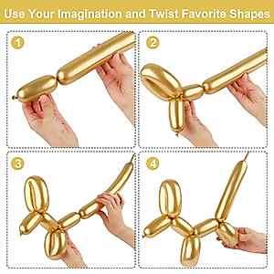 Aodaer 100 Pieces Twisting Latex Balloons 260 Long Skinny Balloons for DIY Modelling Birthday Party Decoration Wedding Anniversary, Metallic Gold