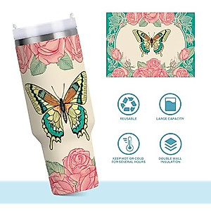 ODAWA 40oz Spill Proof Tumbler with Straw, Butterfly Pink Roses Vacuum Insulated Tumbler with Handle and Straw Lid