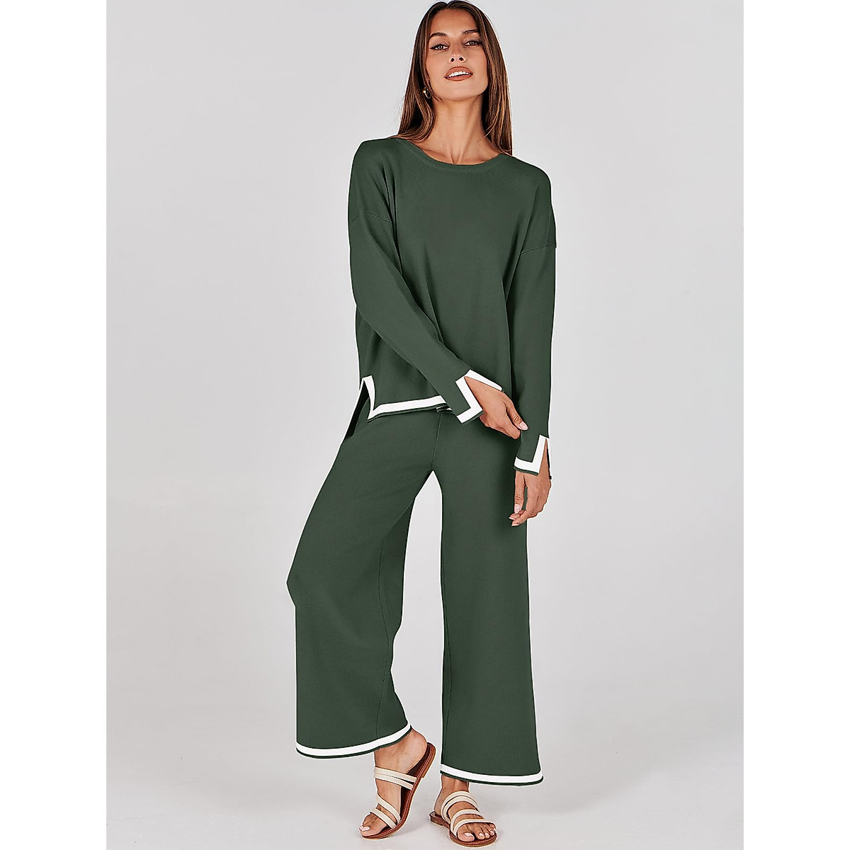 ANRABESS Women's Two Piece Outfits Long Sleeve Knit Pullover Sweater Tops & Wide leg Pants Casual Lounge Matching Sweatsuit Tracksuits Sets Army Green Large