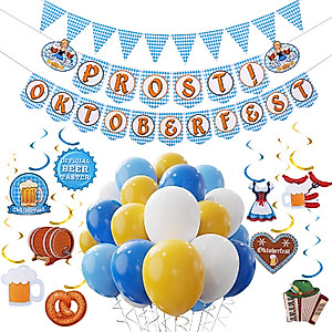 Oktoberfest Party Decorations 53Pcs Blue White Yellow Balloons, Bavarian Flag Pennant Banner, Prost Oktoberfest Banner, Hanging Swirl Streamer, German Oktoberfest Beer Festival Birthday Supplies