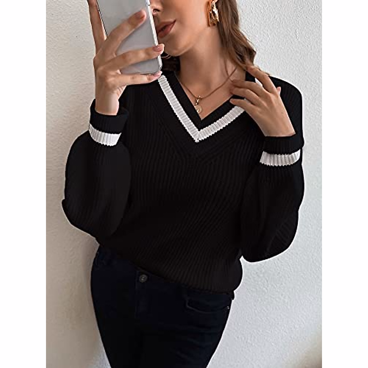 Verdusa Women's Ribbed Knit Drop Shoulder Sweater V Neck Long Sleeve Pullovers Black M