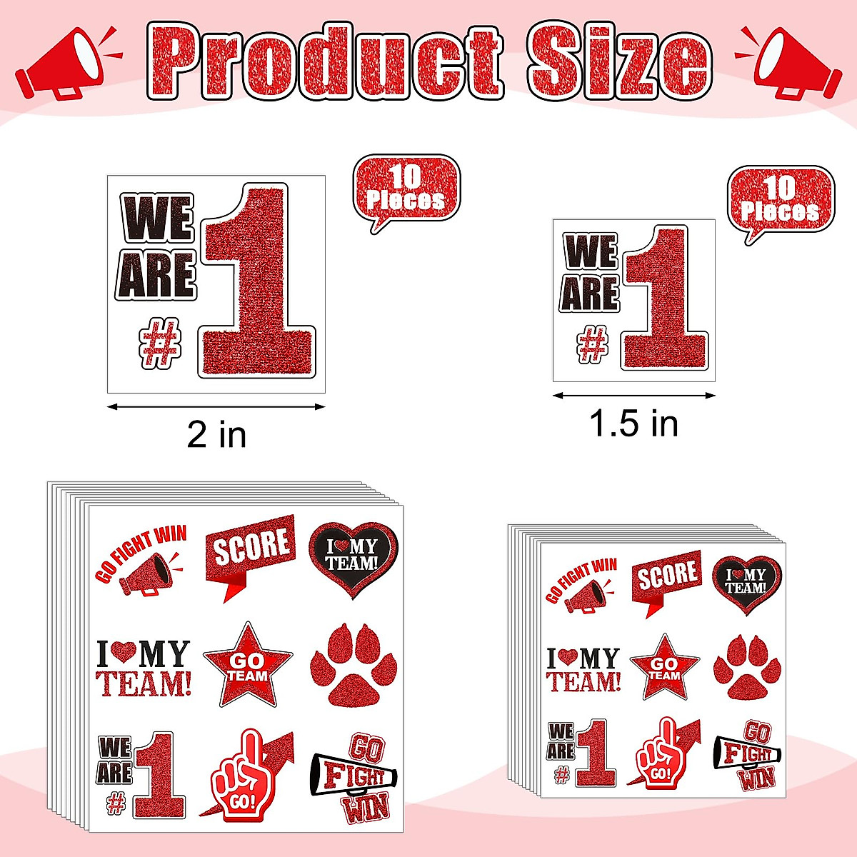 Colarr 180 Pcs Team Spirit Temporary Tattoo 2", 1.5" Face Body Paw Go Team Cheer Tattoo Removable Glitter School Spirit Stickers for Classroom Cheerleading Teams Carnival Sports Games (Red, Black)