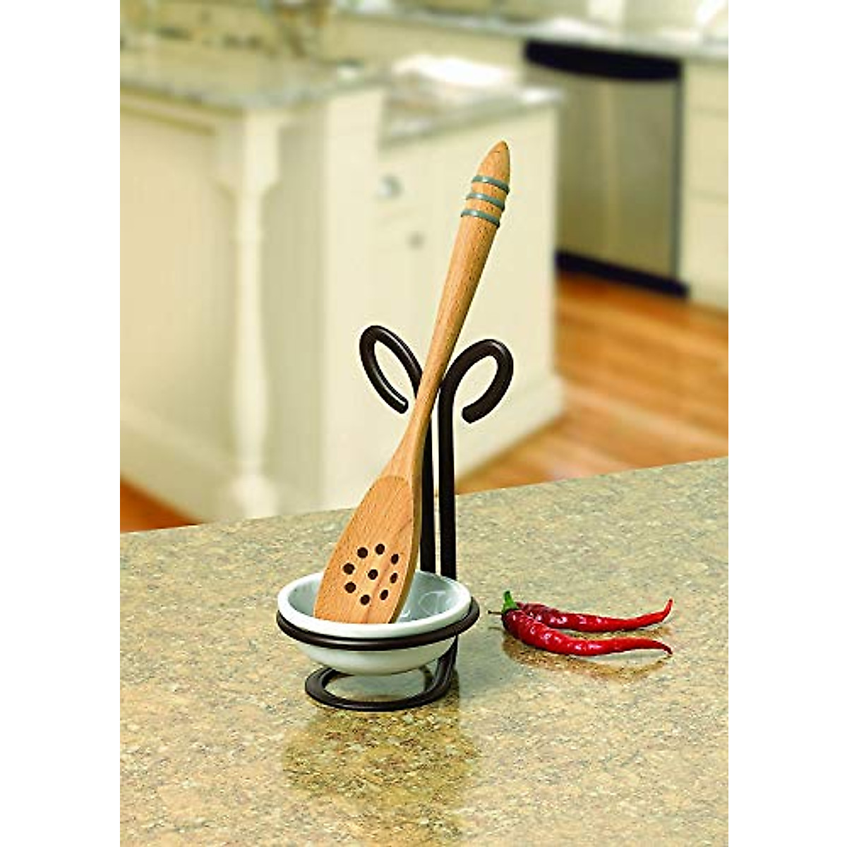 Spectrum Leaf Spoon Rest With Ceramic Dish Upright Utensil Holder for Stovetop Organization, Modern Vertical, Nature-Inspired Kitchen Décor, Bronze