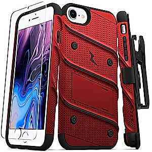 ZIZO Bolt Series for iPhone SE (3rd and 2nd gen)/8/7 Case with Screen Protector Kickstand Holster Lanyard - Red & Black