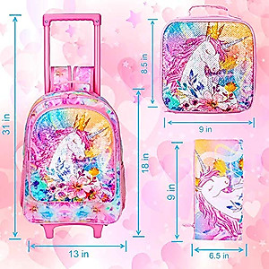 CCJPX 4PCS Kids Rolling Backpack for Girls, Unicorn Sequin Roller Wheeled Bookbag Toddler Elementary School Bag with Wheels One Size