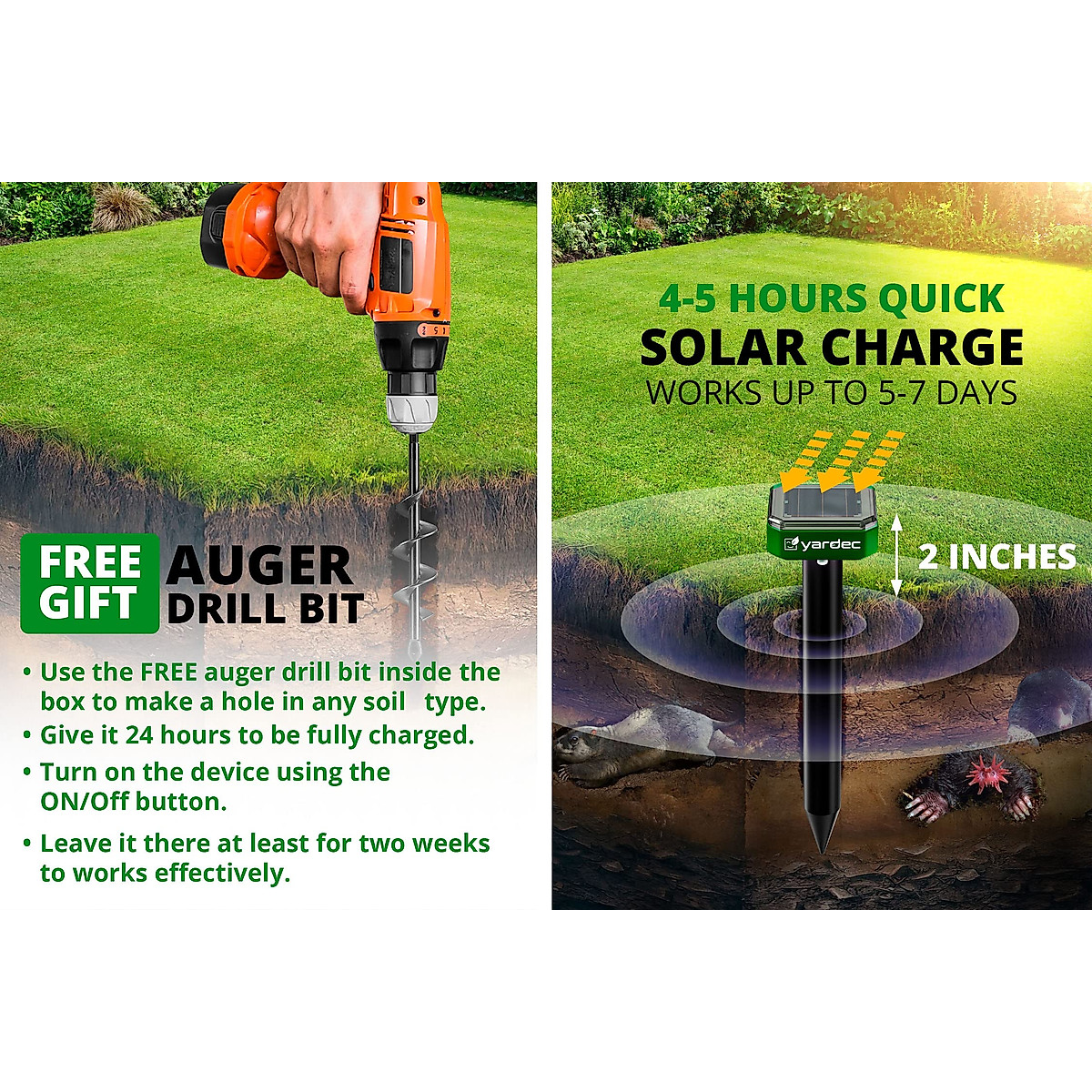 YARDEC Gopher Repellent Ultrasonic Solar Powered (8-Pack) - Easy To Use Solar Mole Repellent Ultrasonic With an Auger Drill Bit - IP65 Waterproof Sonic Repeller Stakes For Groundhog, Vole, Snake, etc.