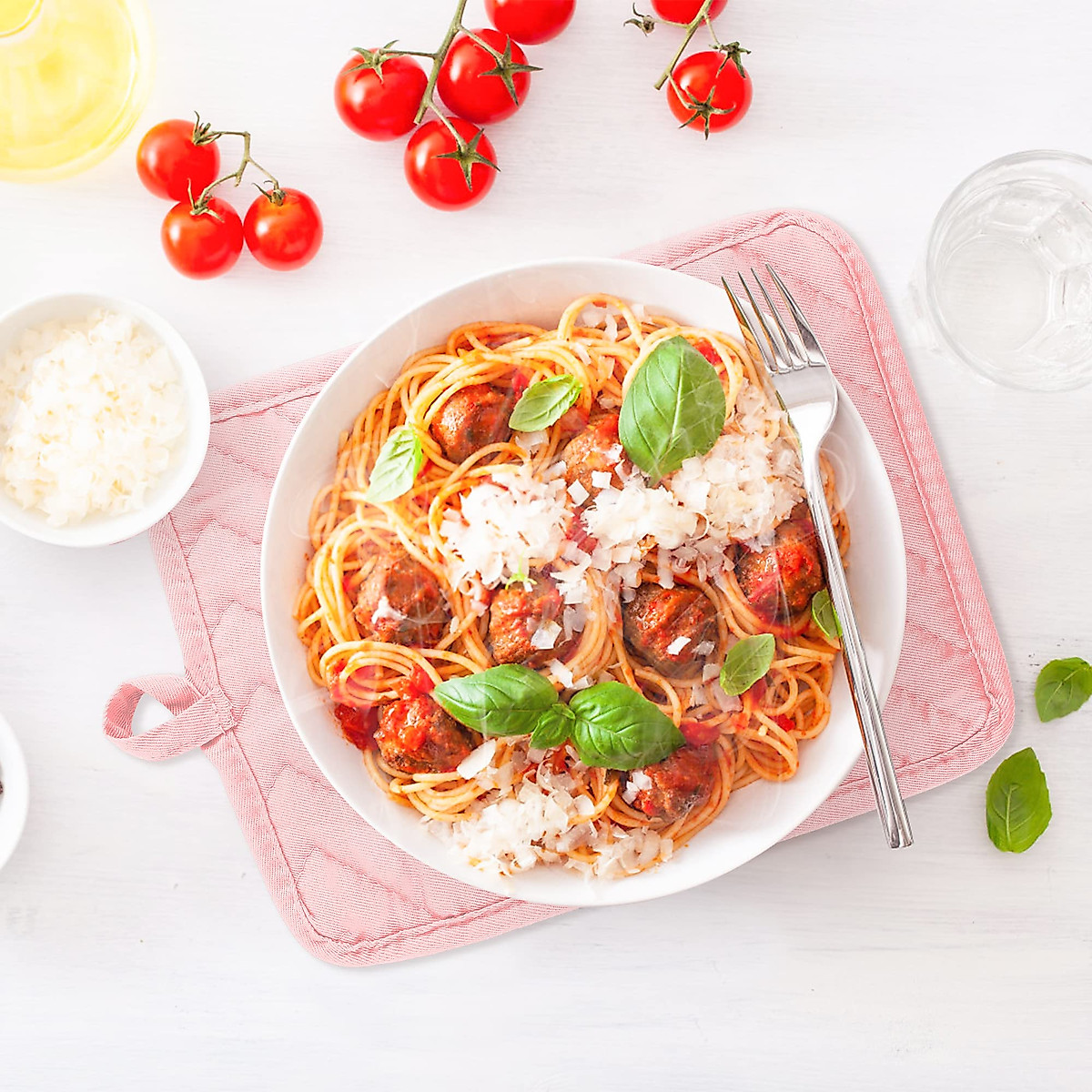 GROBRO7 6Pcs Cotton Oven Mitts and Pot Holders Set Heat Resistant Hot Pads Durable Pocket Pot Holder Machine Washable BBQ Gloves with Hanging Loop for Safe Kitchen Baking Cooking Grilling Pink