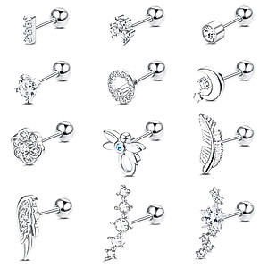 FASACCO 12PCS 18G Stainless Steel Barbell Helix Cartilage Stud Earrings CZ Leaf Dragonfly Flower Wing Moon Star Forward Helix Tragus Daith Conch Piercing Jewelry for Women Men Silver Tone