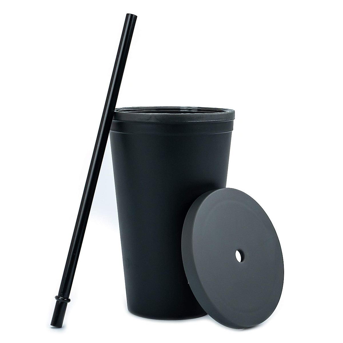 STRATA CUPS Classsic Black Tumblers with Lids (12 pack) - 16oz Colored Acrylic Cups with Lids and Straws | Double Wall Matte Plastic Bulk Tumblers With FREE Straw Cleaner! Customizable DIY Gifts
