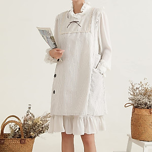 Cotton Linen Apron Wheat White Color Lace & Bow Decoration Aprons Japanese Style Girl Style Side Button Kitchen Cooking Clothes